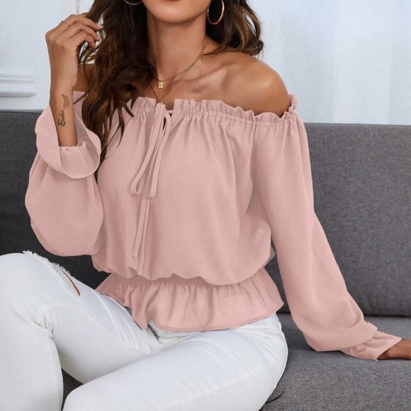 Dainty NYC | Tops | Sheer Blush Pink Off Shoulder Ruffle Sleeve Top ...